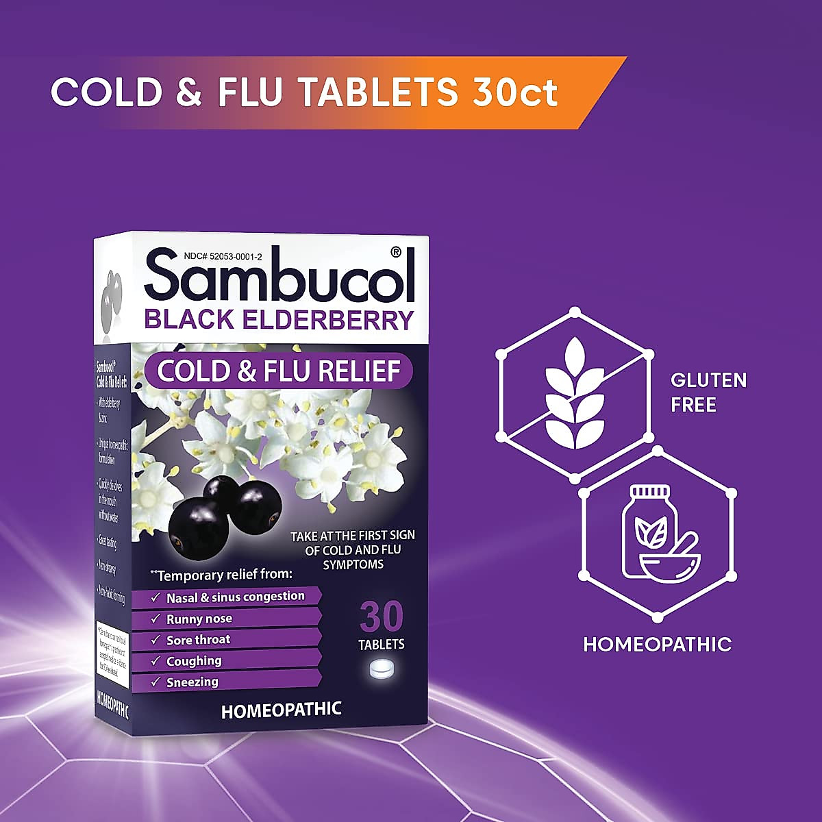 Sambucol Cold and Flu Relief Tablets - Homeopathic Cold Medicine, Cold Remedy for Adults, Black Elderberry for Colds, Zinc Cold Remedy - 30 Count