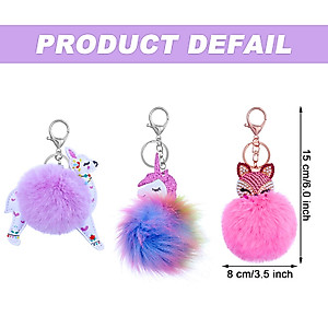WILLBOND 3 Pieces Cute Animal Unicorn Pom Pom Keychain Faux Fluffy Key Ring for Women Girls (Fox Alpaca Unicorn Style)