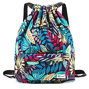 Risefit Water Resistant Drawstring Bag, Gym Bag Sackpack Sports Beach Backpack for Men Women (Blue Leaves)