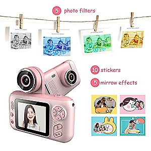 Kids Camera, Kids Digital Camera with Flip Lens, HD Digital Video Cameras for Toddler,Christmas Birthday Gifts and Portable Toy for 3 4 5 6 7 8 9Year Old with 32GB SD Card-Pink