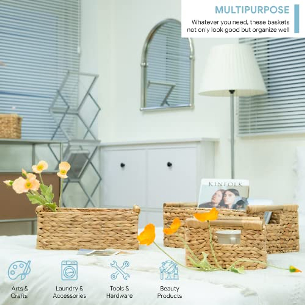 Wicker Baskets for Storage Organizing, Water Hyacinth Storage Baskets Rectangular with Wooden Handles for Shelves, Natural Wicker Storage Basket Bins - Set of Wicker Baskets for Organizing with Handle