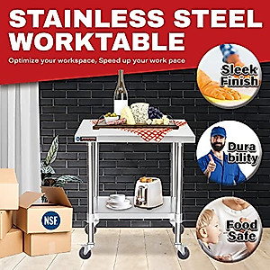 Food Prep Stainless Steel Table - DuraSteel 30 x 24 Inch Metal Table Cart - Commercial Workbench with Caster Wheel - NSF Certified - For Restaurant, Warehouse, Home, Kitchen, Garage