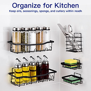 HQJUN Adhesive Shower Caddy, 5 Pack Rustproof Stainless Steel Bath Organizers With Large, Non drilling bathroom rack No Drilling Shelves for Bathroom Storage & Home Decor (Black