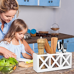 Wooden Cutlery Silverware Holder Flatware Utensil Caddy Wood Silverware Organizer Storage Containers for Kitchen Countertop, Forks, Spoon, Knives Kitchen Utensil Holder White Silverware Caddies