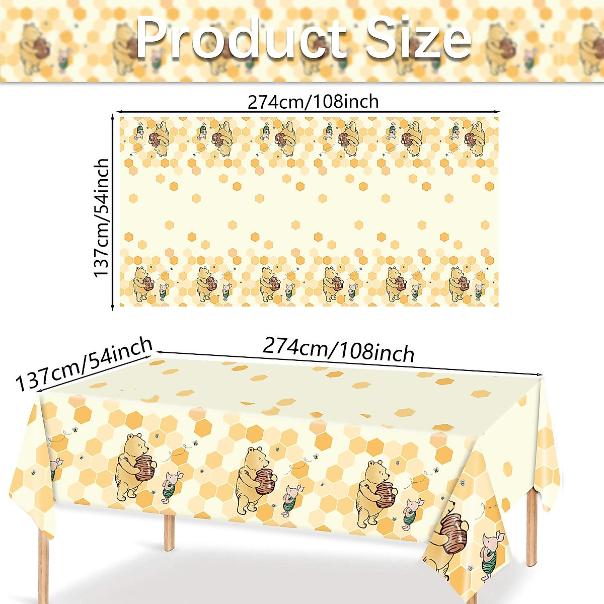 AURORAPARTY 3pcs Winnie Party Tablecloth Bear Baby Shower or Birthday Party Table Cover Honey Plastic Rectangle Birthday Party Decoration, 54 x 108 Inches