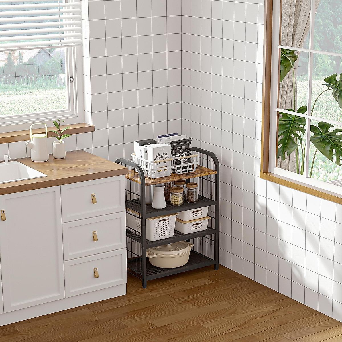 BWOORACKU Shoe Rack, 4-Tier Shoe Organizer with Guardrails, Heavy-Duty Metal Mesh Shelves & Rustic Wooden Top for Stylish Closet & Front Door Storage