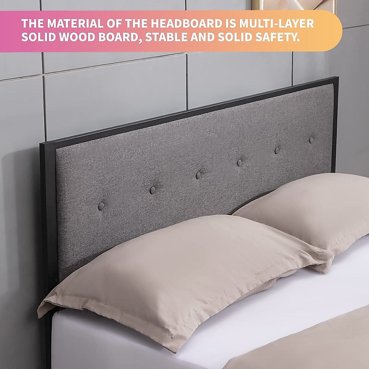 Mixoy Cal King Size Modern Metal Bed Frame with Linen Headboard, Platform Bed with Metal Slat Support, Noise Free, No Box Spring Needed(Cal King/Dark Grey)