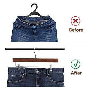 AMKUFO 20pcs Wooden Pants Hangers Solid Pants Hangers with Adjustable Clips 14 Inch Walnut Wood Skirt Hangers Trousers Bottom Hangers with Non-Slip Clips and 360° Swivel Hook