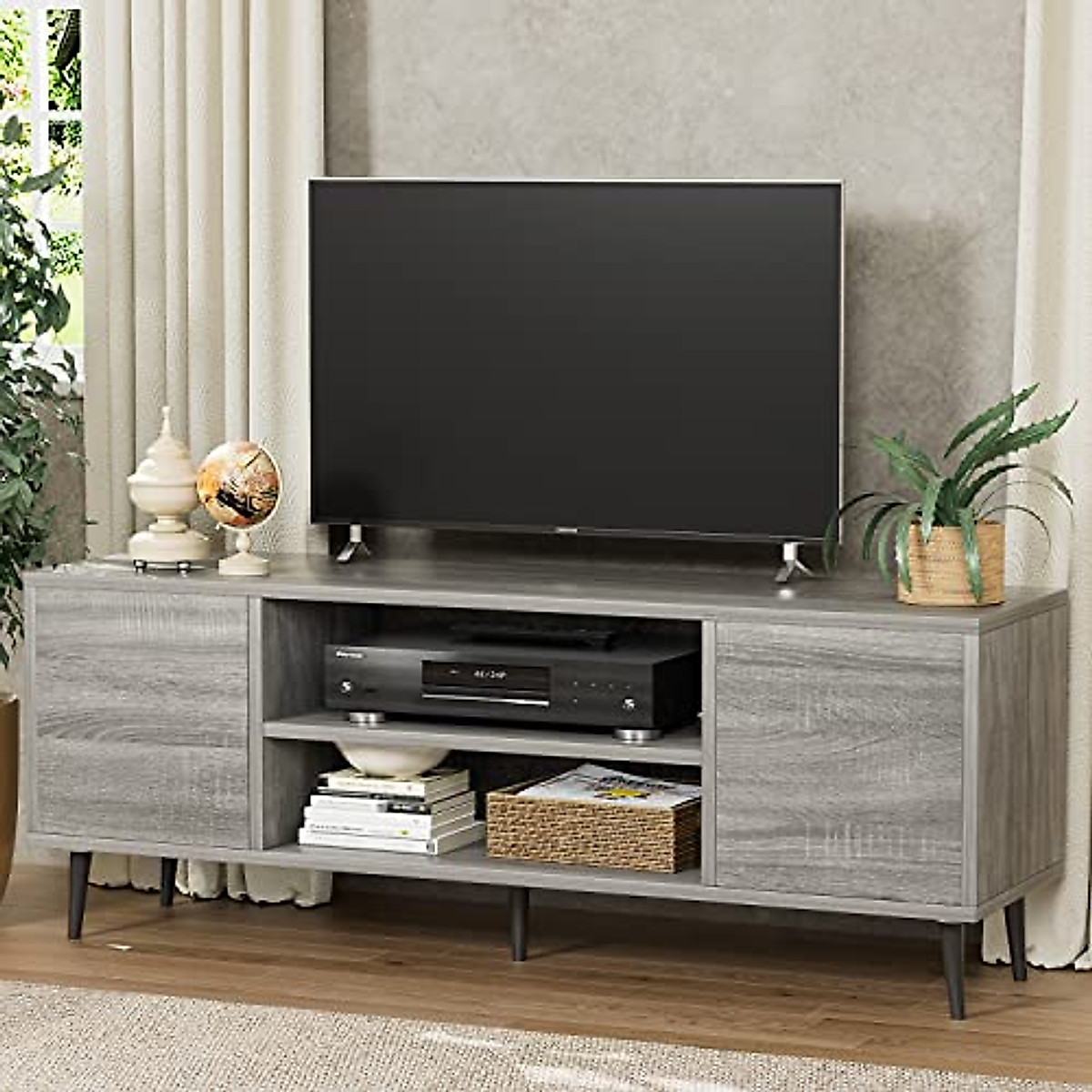 YESHOMY Modern Retro TV Stand for Televisions up to 65", Entertainment Center with Two Storage Cabinet and Shelf, Media Console for Living Room, Bedroom, Enterway, Office, 58 Inch, Gray
