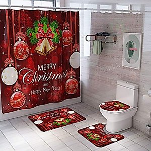 Kingkun Christmas Shower Curtain Sets with12 Hooks, Non-Slip Rugs + Toilet Lid Cover + Bath Mat 4Pcs Xmas Tree Ball Snowflake Shower Curtain for Merry Christmas Decoration