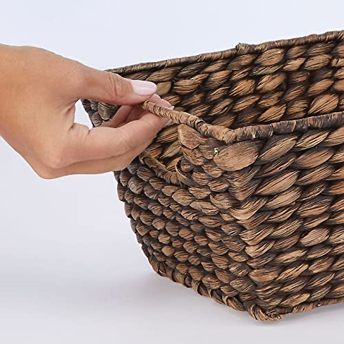 mDesign Natural Woven Hyacinth Closet Storage Organizer Basket Bin for Kitchen Cabinets, Pantry, Bathroom, Laundry Room, Closets, Garage - 4 Pack - Dark Brown