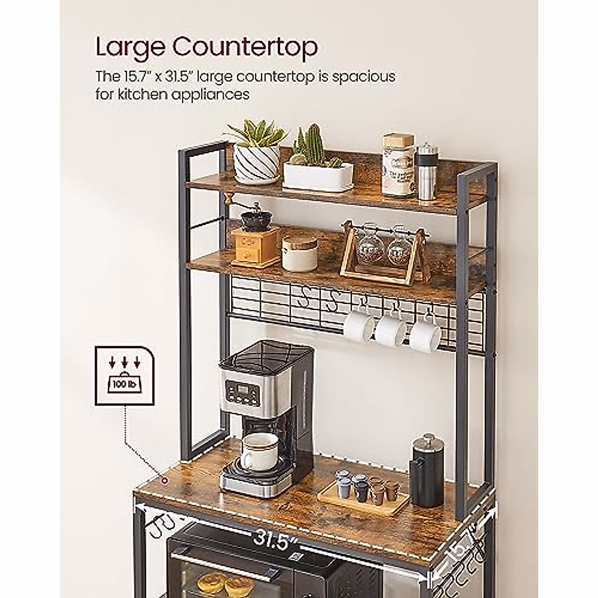 VASAGLE Hutch Bakers Rack with Power Outlet, 14 Hooks Microwave Stand, Adjustable Coffee Bar with Metal Wire Panel, Kitchen Storage Shelf, 15.7 x 31.5 x 66.9 Inches, Rustic Brown and Black UKKS025B01