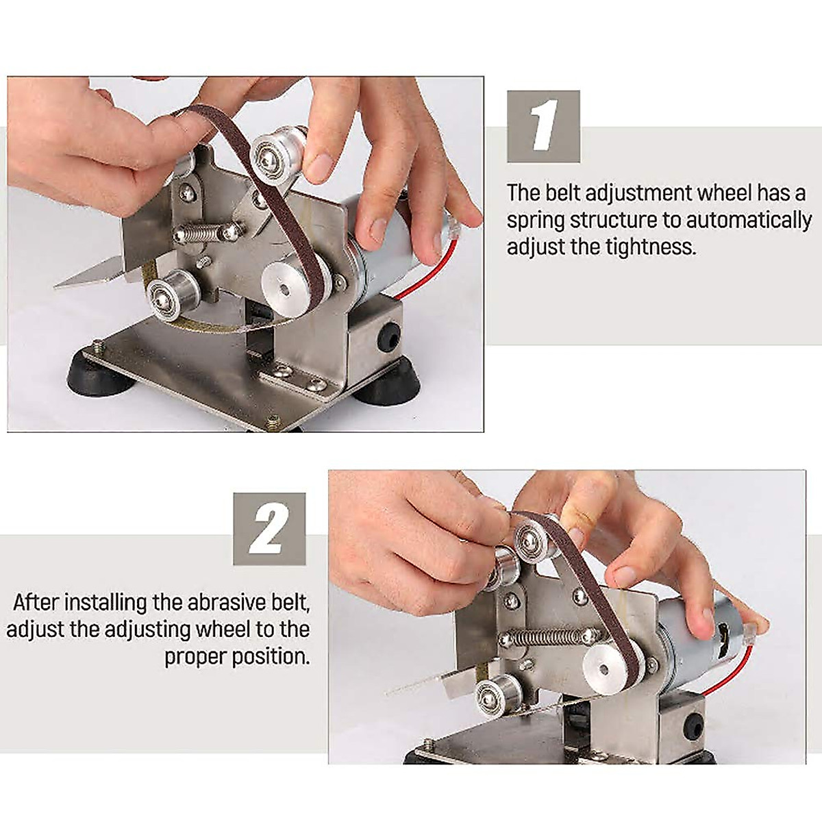 Mini Belt Sander Bench Metal Grinder Knife Making Small Electric Sharpening Machine with 10PCS Sanding Belt Tool Kit 7 Power Speed Polisher for DIY Wood Working Apex Edge Polishing Lijadora de Banda