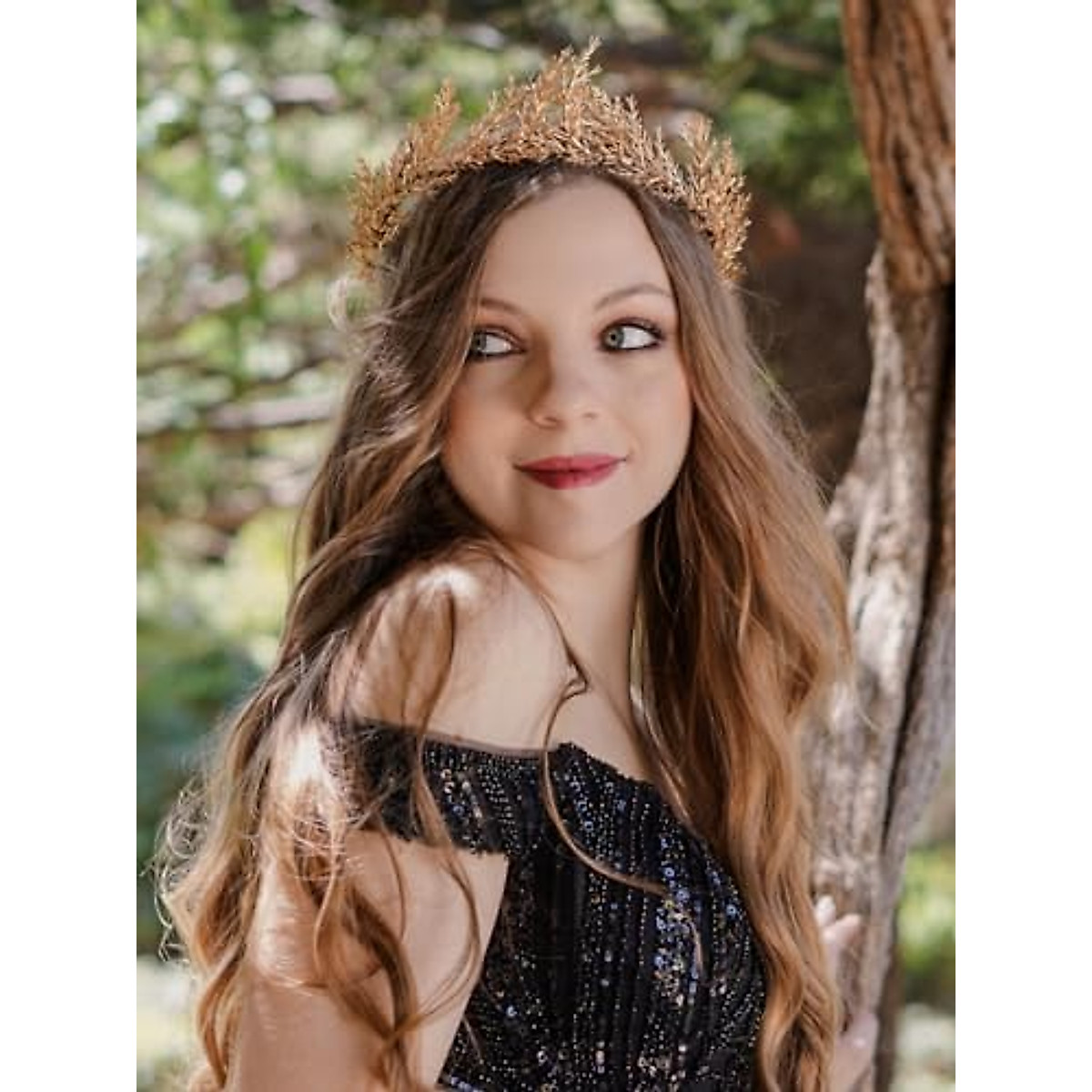 MOSTORY Handmade Gold Woodland Crown - Elf Flower Headband Fairy Headpiece Gothic Forest Tiara for Renfaire Halloween Wedding Cosplay Photoshoot
