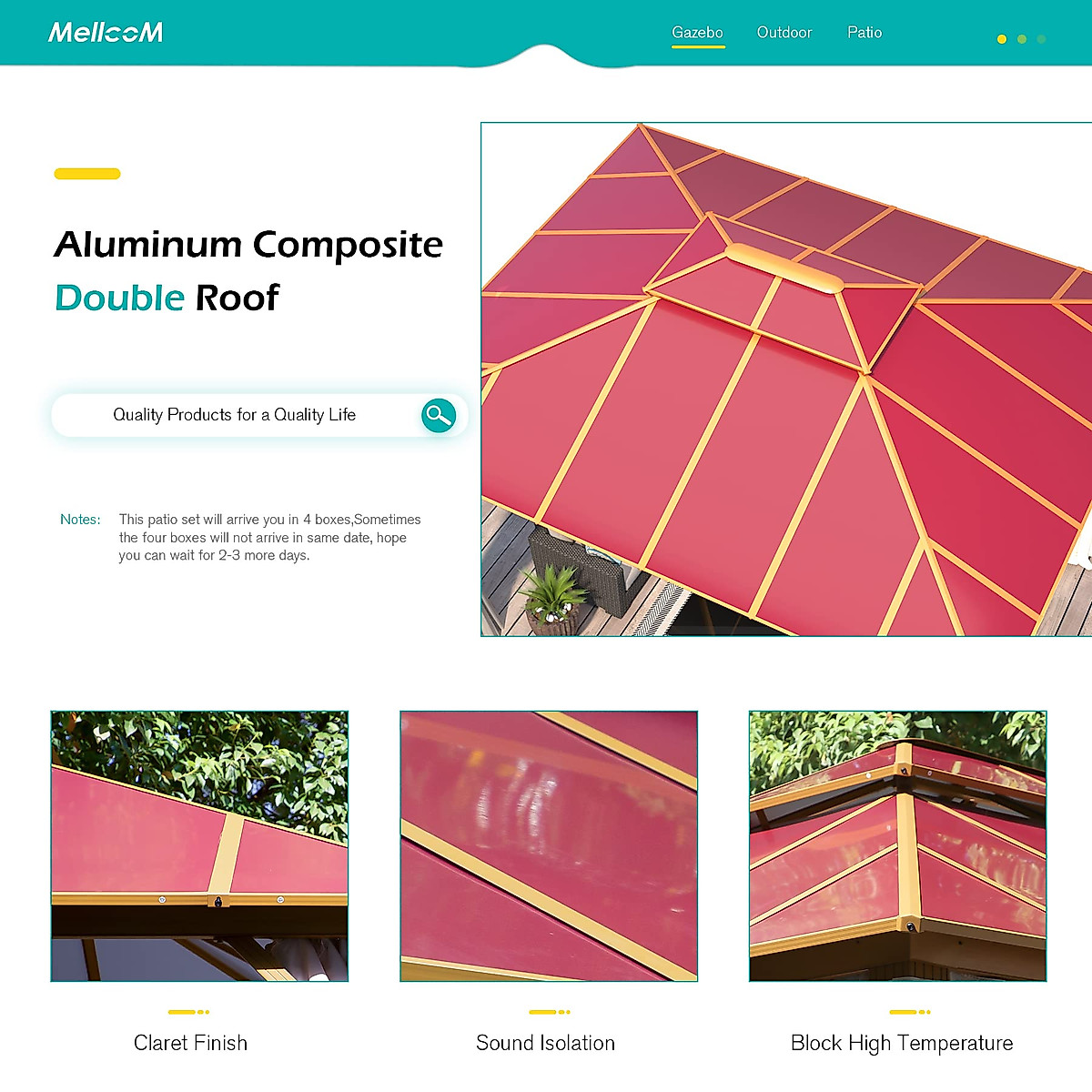 MELLCOM 10' x 12' Hardtop Gazebo, Wooden Finish Coated Aluminum Frame Outdoor Gazebo with Aluminum Double Roof, Claret Metal Gazebo with Curtains and Nettings for Patios, Gardens, Lawns, Parties