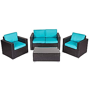 Kinsunny 4 Piece Outdoor Conversation Set Patio Sectional Sofa PE Wicker Furniture Sets with Glass Coffee Table and Cushions for Porch Lawn
