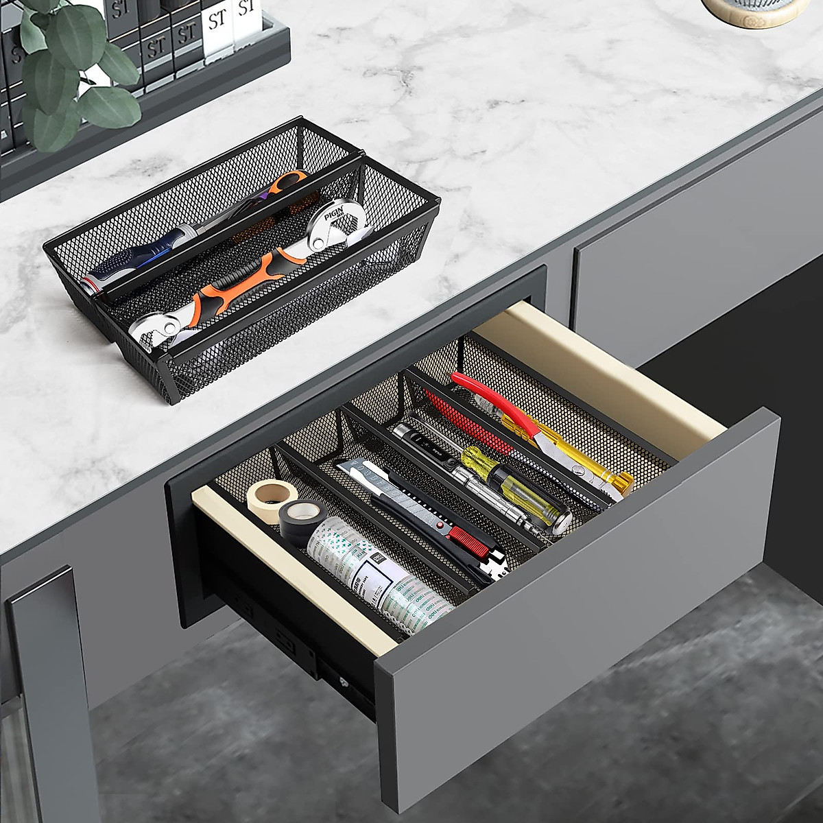 Sisfung Drawer Organizer, Silverware Drawer Organizer for Kitchen, Utensil Mesh Drawer Organizer with Interlocking Arm for Flatware, Knives, Pen, Cosmetic (9 * 3 * 2 inch, 6-Pack)