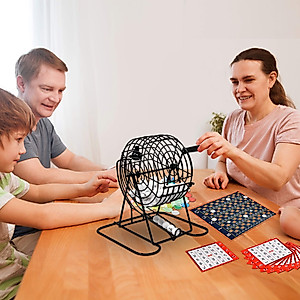 Deluxe Bingo Game Set with Metal Bingo Cage Spinner, 75 Numbered Balls, Master Bingo Board, 18 Bingo Cards and 150 Chips, for Adults, Seniors, Kids and Family