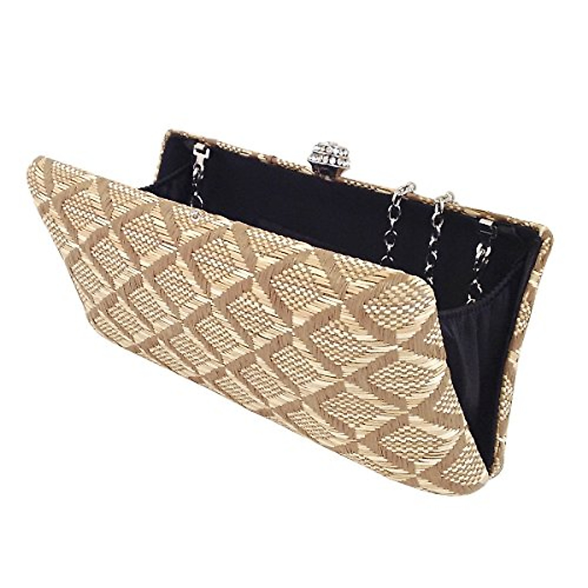 Geometric Patterned Raffia Straw Box Clutch, Natural