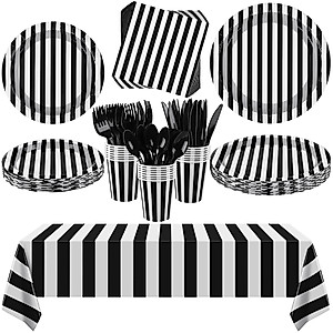 durony 113 Pieces Black and White Striped Party Supplies Table Decorations Includes Paper Napkins Cups Plates Knives Forks Spoons Tablecloth Disposable Tableware Set for Birthday Graduation Wedding