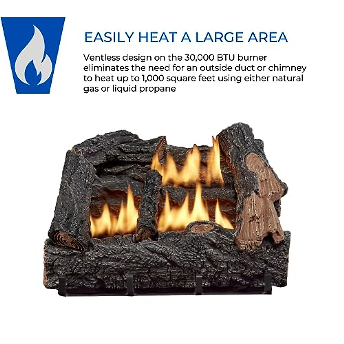 HearthSense VFL18M Dual Fuel Ventless Fireplace Logs Set with Manual Control, Use with Natural Gas or Liquid Propane, 30000 BTU, Heats up to 1000 Sq. Ft, Brown, 18 Inches
