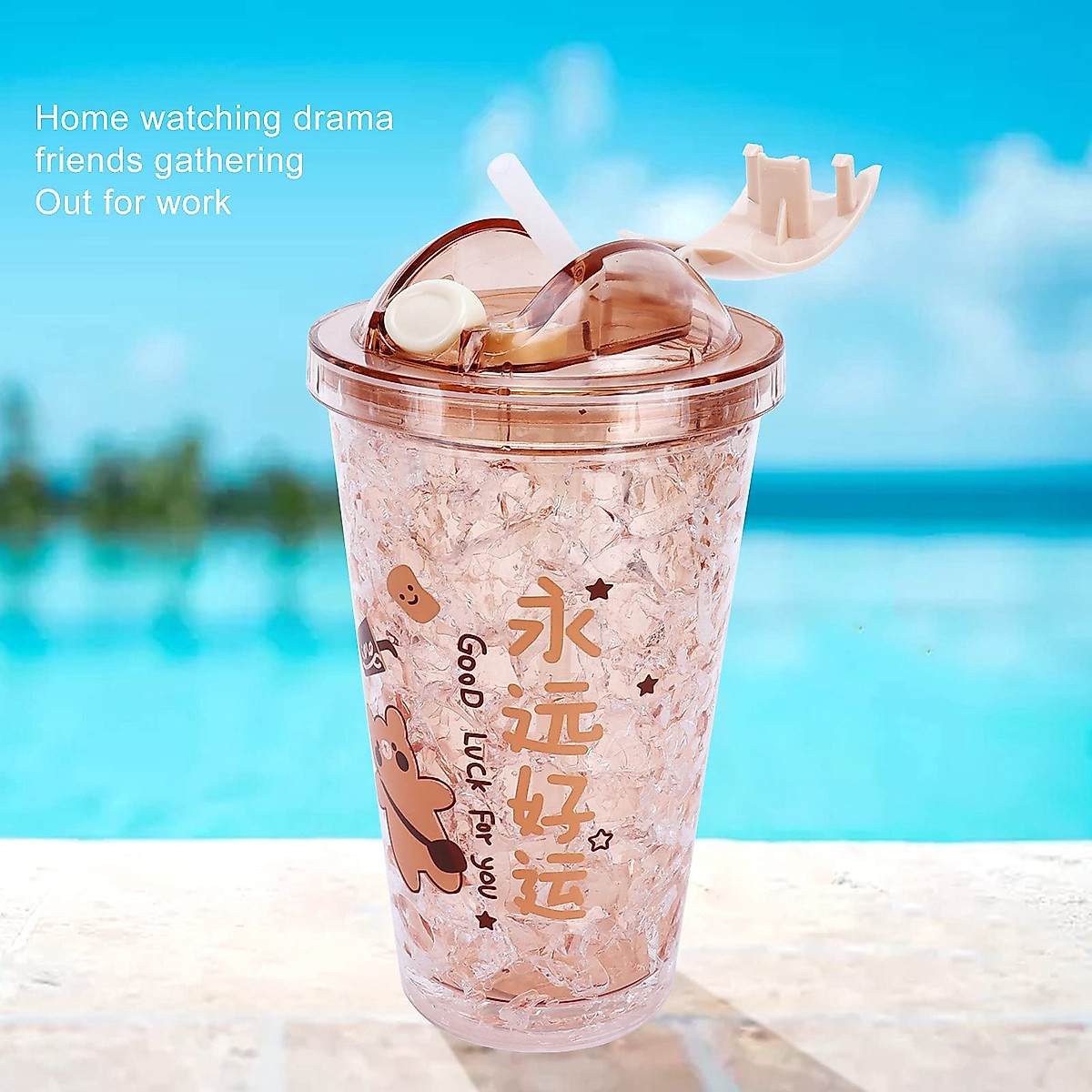 Cute Water Tumbler, 450ml Water Drinking Cup Reusable Double Wall Water Bottle with Straw Kawaii Water Bottle for Home Travel Tumbler(Brown)