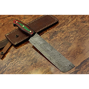 12.5" hand forged Damascus steel Nakiri knife, kitchen knife, vegetable knife, 2 tone Green & Maroon wood scale, Cow hide Leather sheath with belt loop