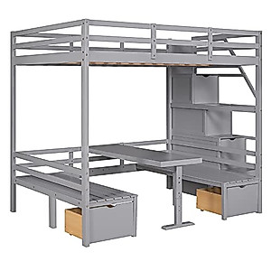 BOVZA Full Over Full Bunk Bed with Staircase, Convertible Dorm Loft Bed with Desk, Seat and Storage Drawers for Kids Boys Girls Teens, Gray