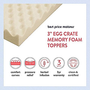 Best Price Mattress 3 Inch Egg Crate Memory Foam Mattress Topper with Copper Infusion, CertiPUR-US Certified, King,Beige