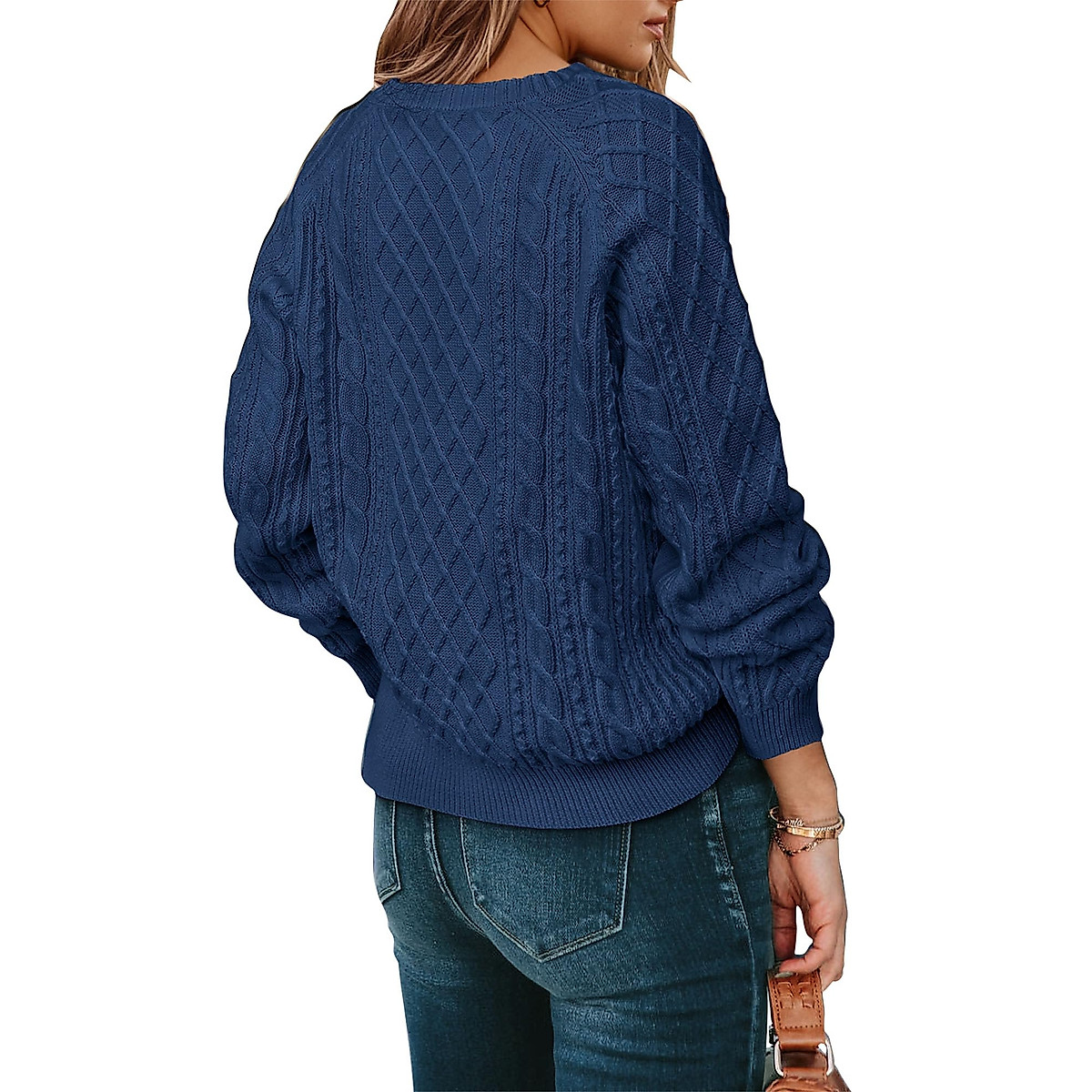 KIRUNDO Womens Sweaters 2024 Fall Winter Henley Long Sleeve Button Crew Neck Cable Knit Loose Cropped Sweater Pullover(Blue, Medium)