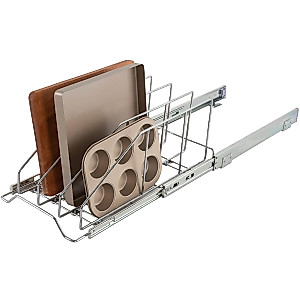 OCG Pull Out Cabinet Organizer for Cookie Sheet Cutting Board Bakeware and Tray, Slide Out Kitchen Cabinet Organizer 11" W x 21" D, Chrome