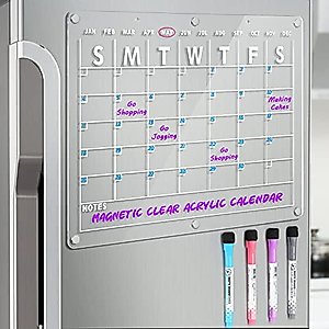 Acrylic Magnetic Dry Erase Board Calendar for Fridge, 16.5"x12" Inch Clear Dry Erase Calendar for Refrigerator, Magnetic Planning Calendar Includes 4 Colors Magnetic Dry Erase Markers with Eraser