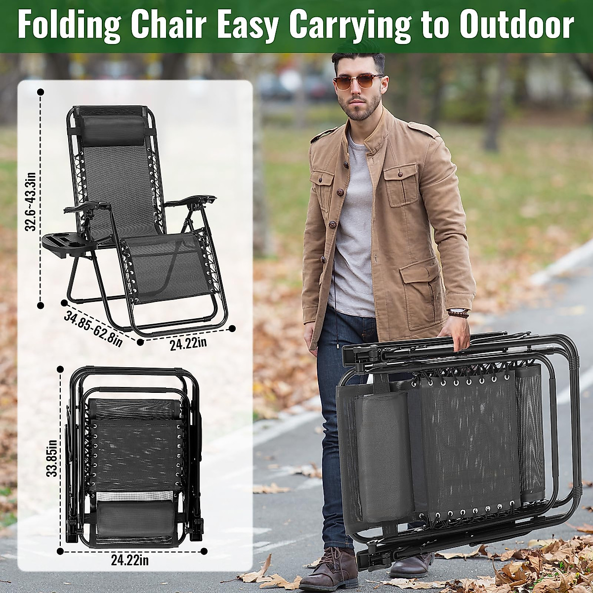 NEWBULIG Set of 2 Zero Cravity Lounge Chairs,Ergonomic Adjustable Lying Angle Sturdy Steel& Mesh Support,Outdoor Patio Folding Recliners for Pool Beach with Pillow and Cup Holder, Black