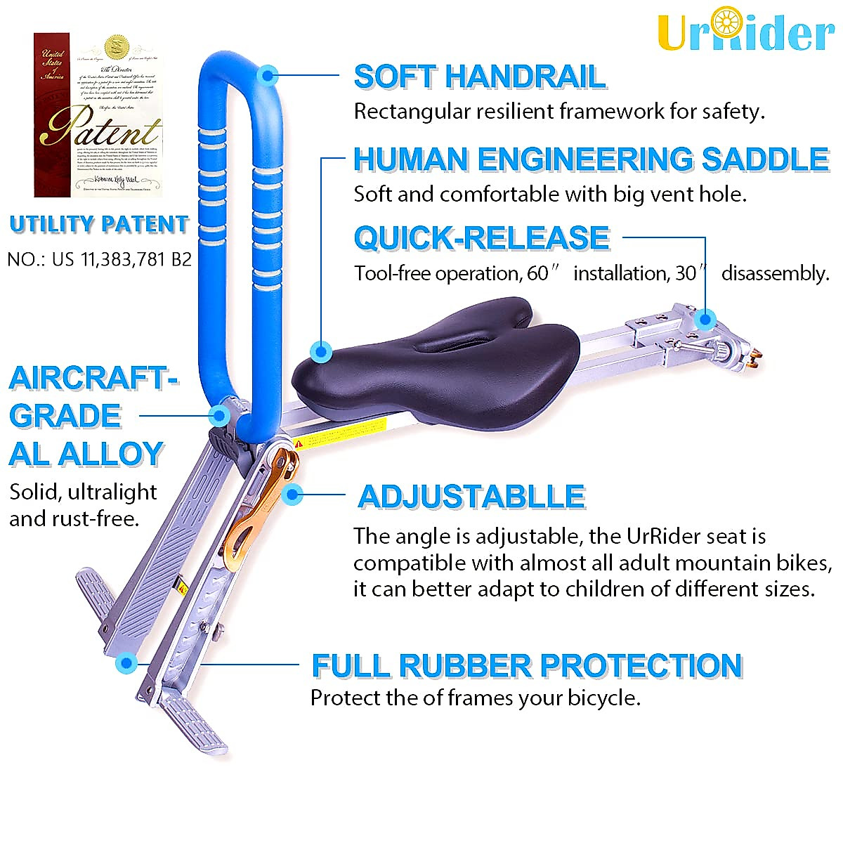 UrRider Child Bike Seat, Front Mount Kids Bike Seat, Fits Mountain Bikes, Hybrid Bikes, Portable, Tool-Free, Quick-Release, ultra-light, Toddler Bike Seat for Children 2-6 Years(up to 60lbs)