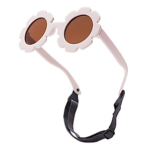COASION Bendable Flexible Polarized Newborn Baby Flower Sunglasses with Strap for Infant Girls Boys Age 0-24 Months (White/Orange Mirror + Beige/Brown)