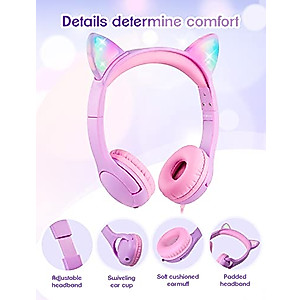 PINGKO Kids Headphones: Toddler Headphones with Microphone - Cat Ear Headphones for Girls Boys, LED Light 3.5mm Jack, 85db Volume, Music Sharing Stereo Earphones for iPad | School | Travel (Purple)