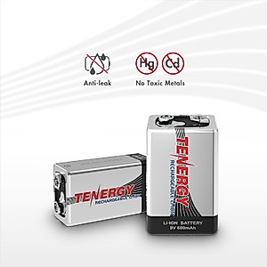 Tenergy 9V 600mAh Li-ion Rechargeable Batteries, 10 Pack