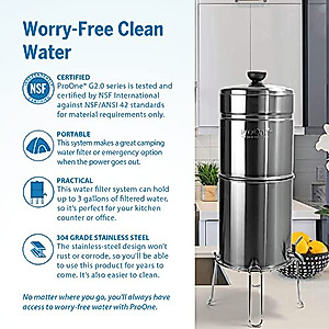 ProOne Big+ Stainless-Steel Gravity Water Filter System, 3-Gallon Water Capacity, Countertop Water Dispenser for Home, Camping, and Travel
