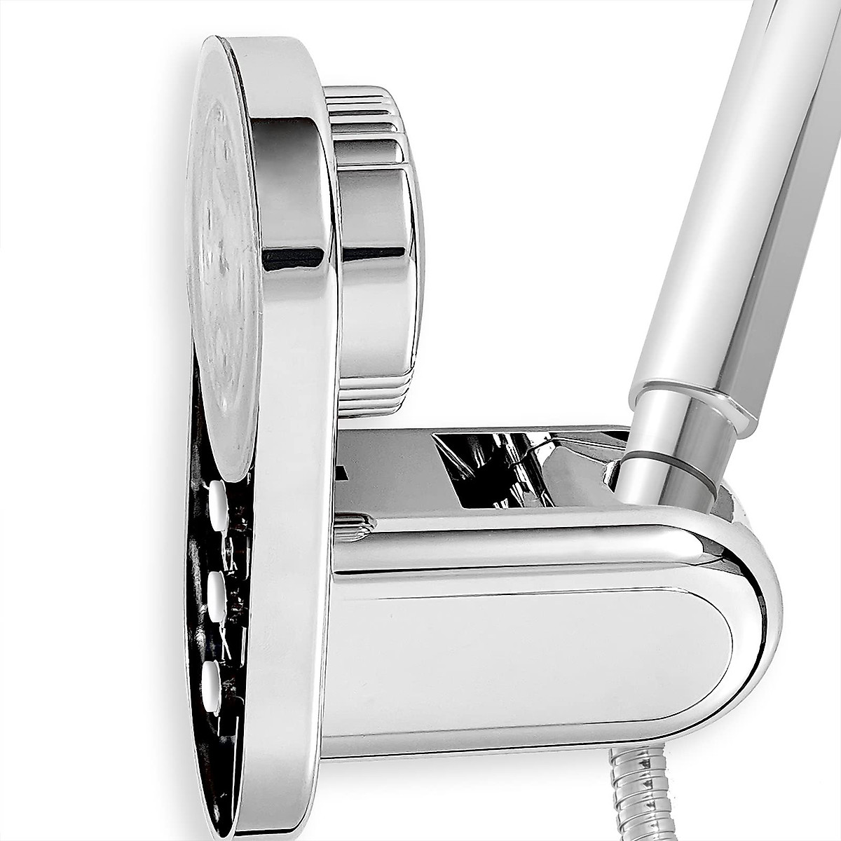 Wall Mount Handheld Shower Head Holder - 5 Positions Adjustable + 90° downwards - Large Shower Sprayer Fits - Suction Assisted Adhesive - Wide Slot - No Drill Installation - All Chrome Finish