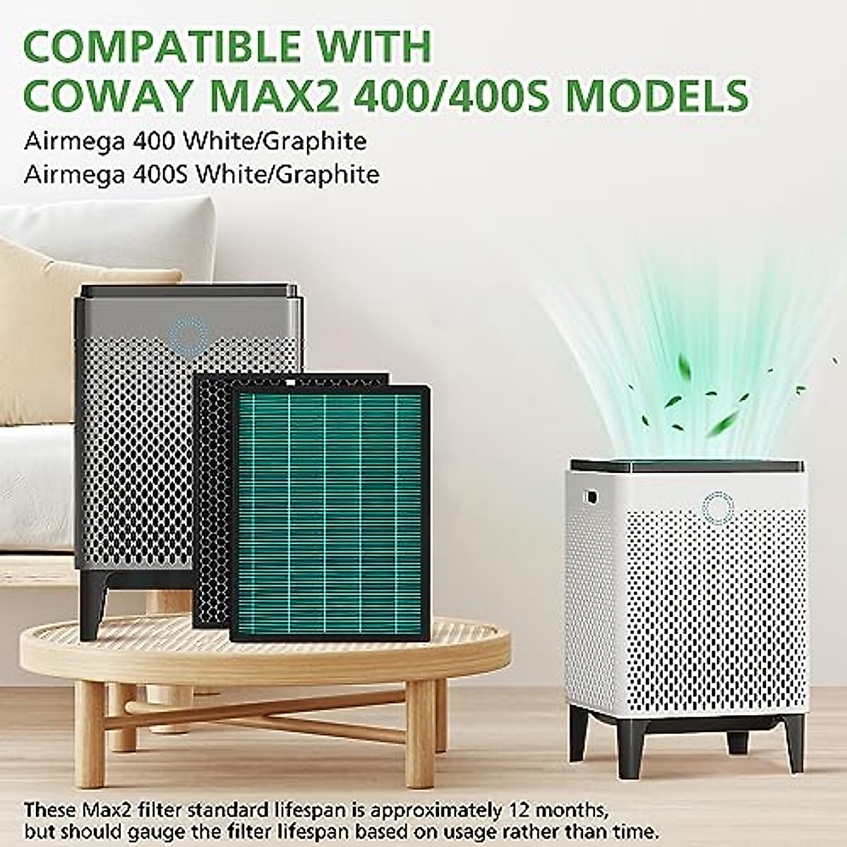 400/400S Replacement Filter for Coway AIRMEGA Max2 400/400S Air Purifier, Max 2 Green True HEPA and Active Carbon Filter Set, AP-2015-FP
