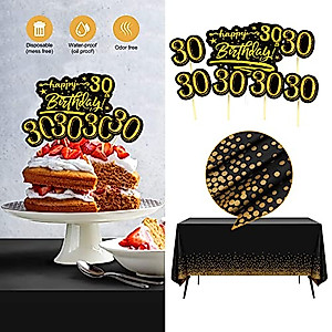 30th birthday decorations for him - (76pack) black gold party Banner, Pennant, Hanging Swirl, birthday balloons, Tablecloths, cupcake Topper, Crown, plates, Photo Props, Birthday Sash for men gifts