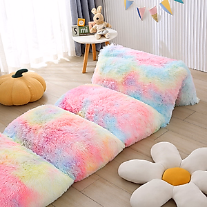Mengersi Velvet Floor Pillows,Faux Fur Tie Dye Pillow Bed Floor Lounger Cover,Sleeping Mat for Girls Teen Toddler,Pillow Lounger for Reading Playing Games Party,Requires 5 Pillows(King,Pink)