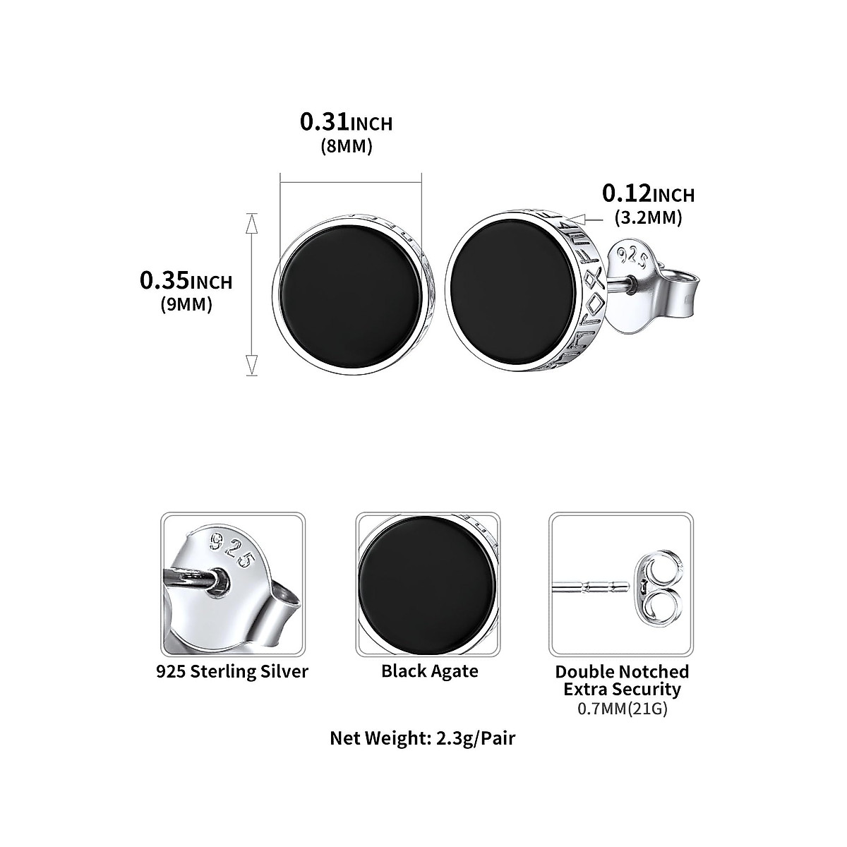 ChicSilver Mens Earrings 925 Sterling Silver Round Black Onyx Earrings with Viking Rune Black Earrings for Men Hypoallergenic Christmas Studs for Men
