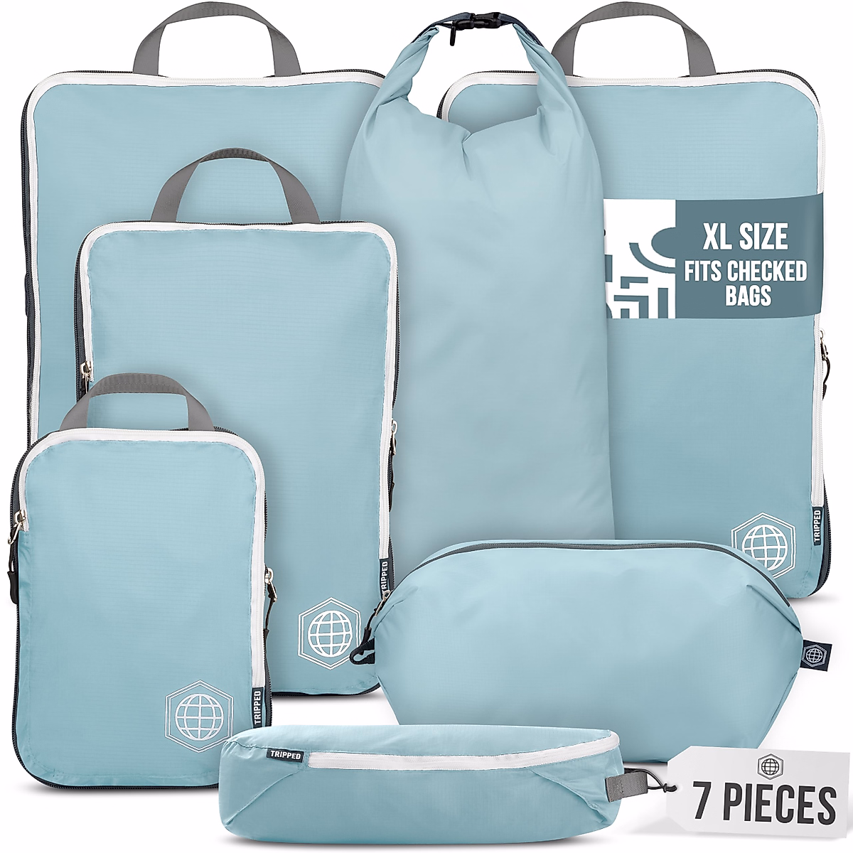 Large Packing Cubes for Travel-Extra Large Compression Luggage Organizers 7 Piece Set-Ultralight, Expandable/Compression Bags for Clothes by TRIPPED Travel Gear (DustyTeal/White)