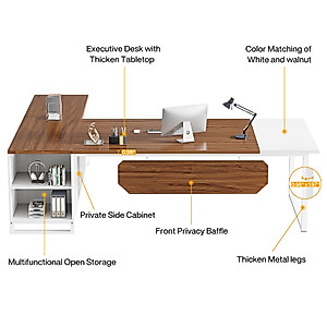 Tribesigns 70.8" Executive Desk with 55" File Cabinet, Modern L Shaped Computer Desk with Storage Shelves and Cabinet, Large L Shaped Executive Desk for Home Office, Walnut & White