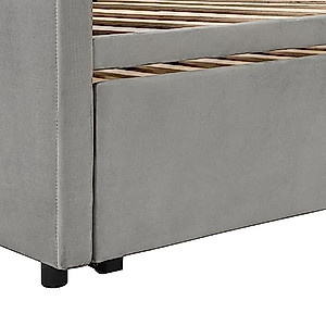 DEINPPA Twin Extendable Platform Bed, Upholstered Transitional Daybed with Trundle, Twin Size to King Size Bed, No Box Spring Needed-Grey