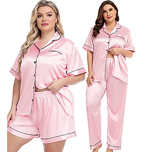 SWOMOG Silk Satin Pajama Set for Plus Size Women Button-Down Loose Bride Pajamas Pink Sleepwear and Loungewear Set 24W