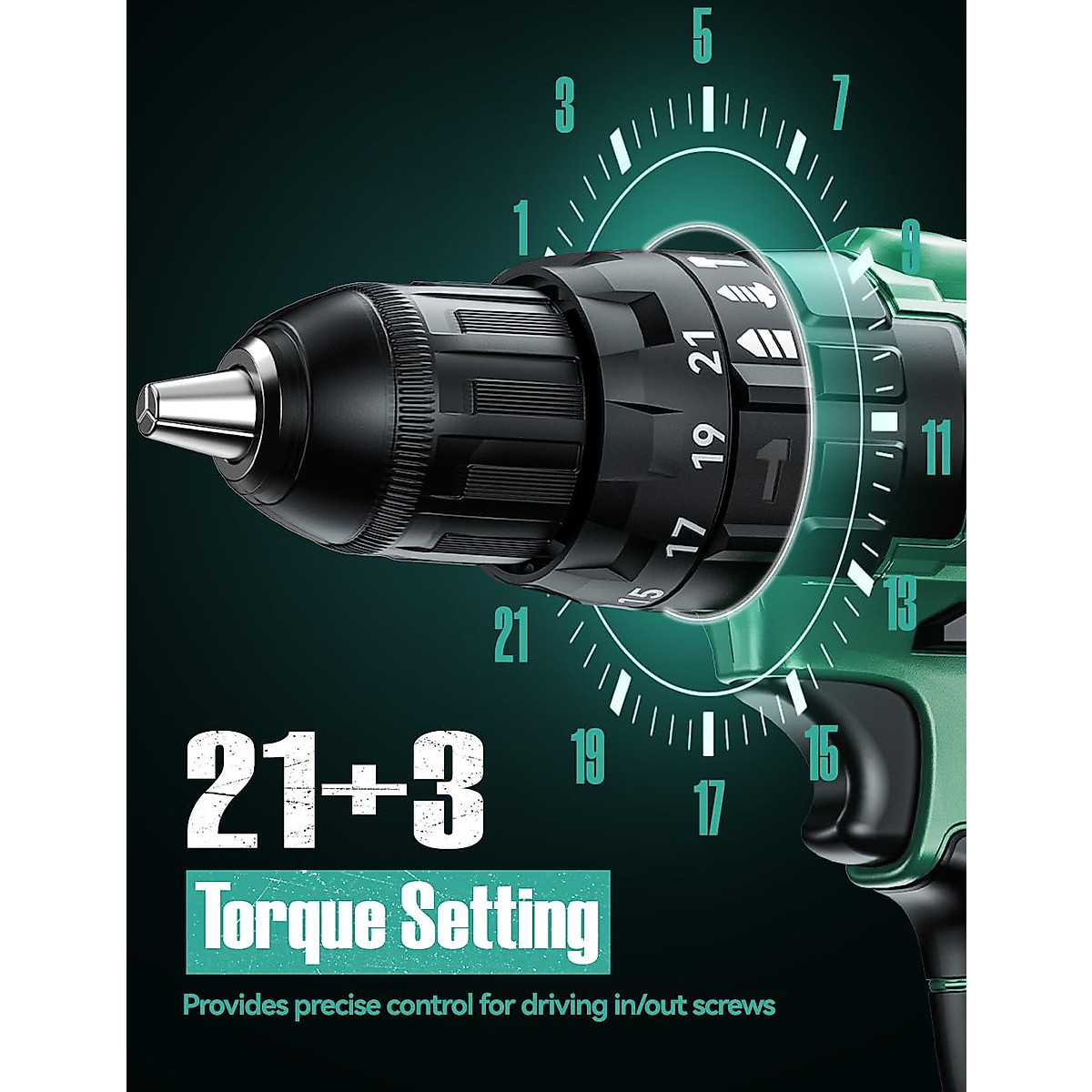 KIMO Hammer Drill - 20V 2X Battery Hammer Drill Cordless Drill Set, 350 In-lb Torque, 3/8" Keyless Chuck, 1350 RPM, 21+3 Position,14pcs Drill/Driver Bits, Power Drill Drivers for Concrete Brick Wall