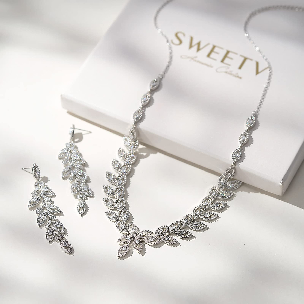 SWEETV Wedding Jewelry Set for Brides Bridesmaid Women, Cubic Zirconia Rhinestone Necklace Dangle Earrings Jewelry Set for Women, Chandelier Bridal Jewelry Set for Wedding Party Costume (0.2 Silver)