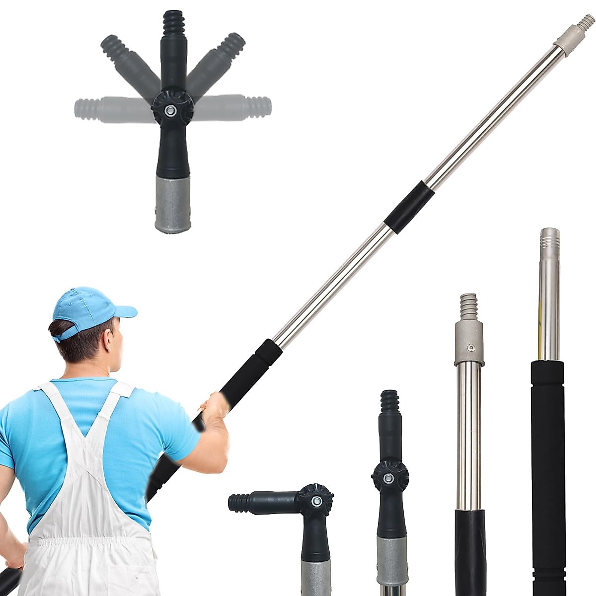 Frebuta Multi-Purpose Splice Extension Pole, 2Feet-11Feet Paint Roller Pole Long Handle with 180 Degree Swivel Head Window Squeegee Gutter Cleaning Tools Extendable Pole with Sponge Sturdy Durable
